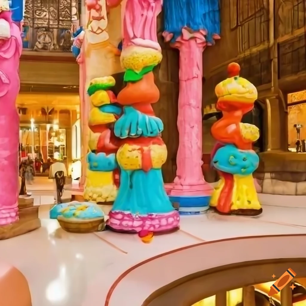 Colorful sugar cookie statues in a decorative lobby at a tourist ...
