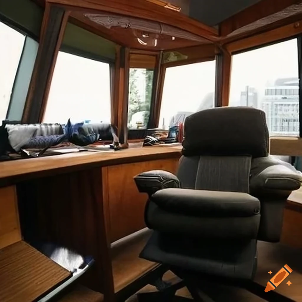 Plush wood-backed reclining chairs in a cozy tech-den room on Craiyon