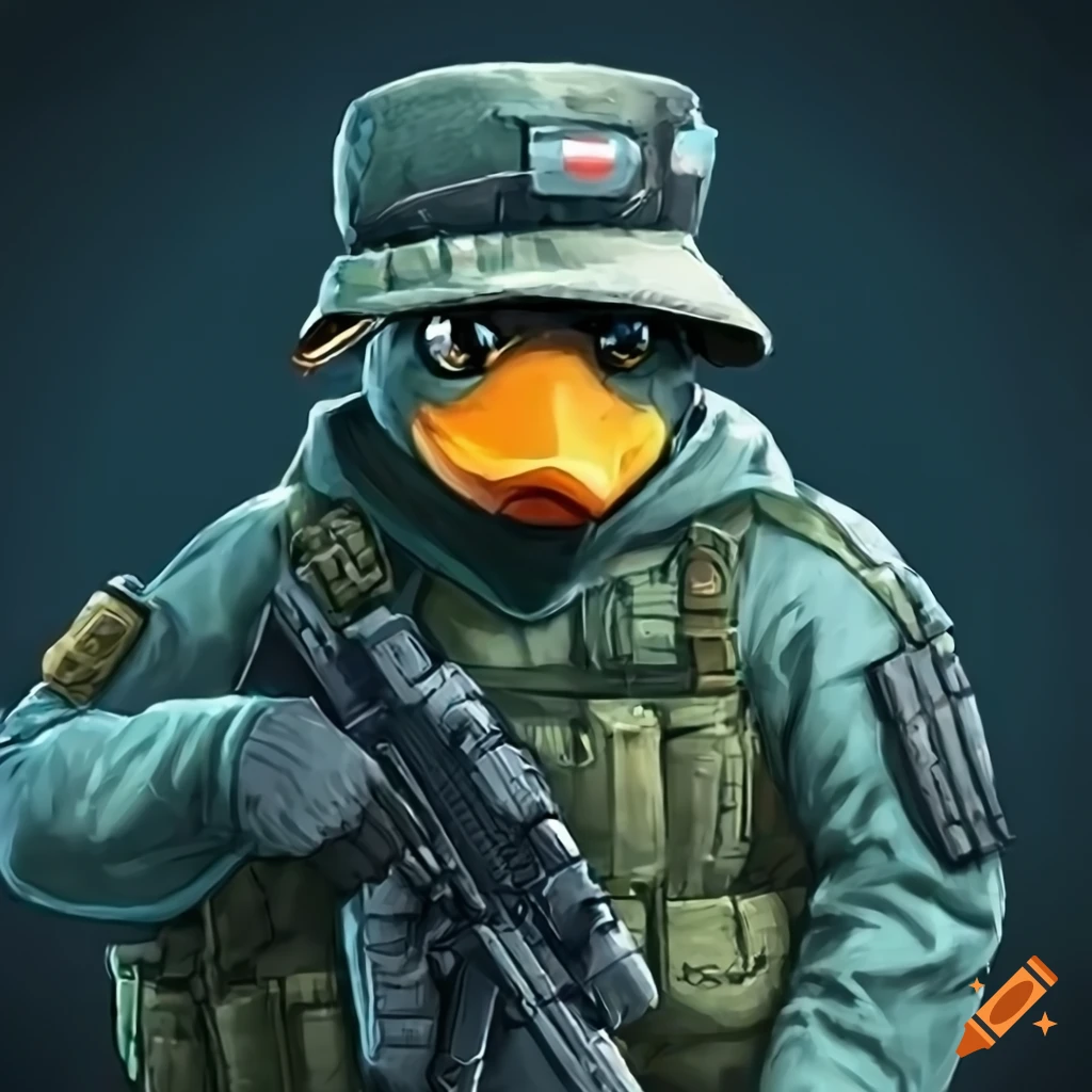 Anthropomorphic duck in soldier attire on a battlefield on Craiyon