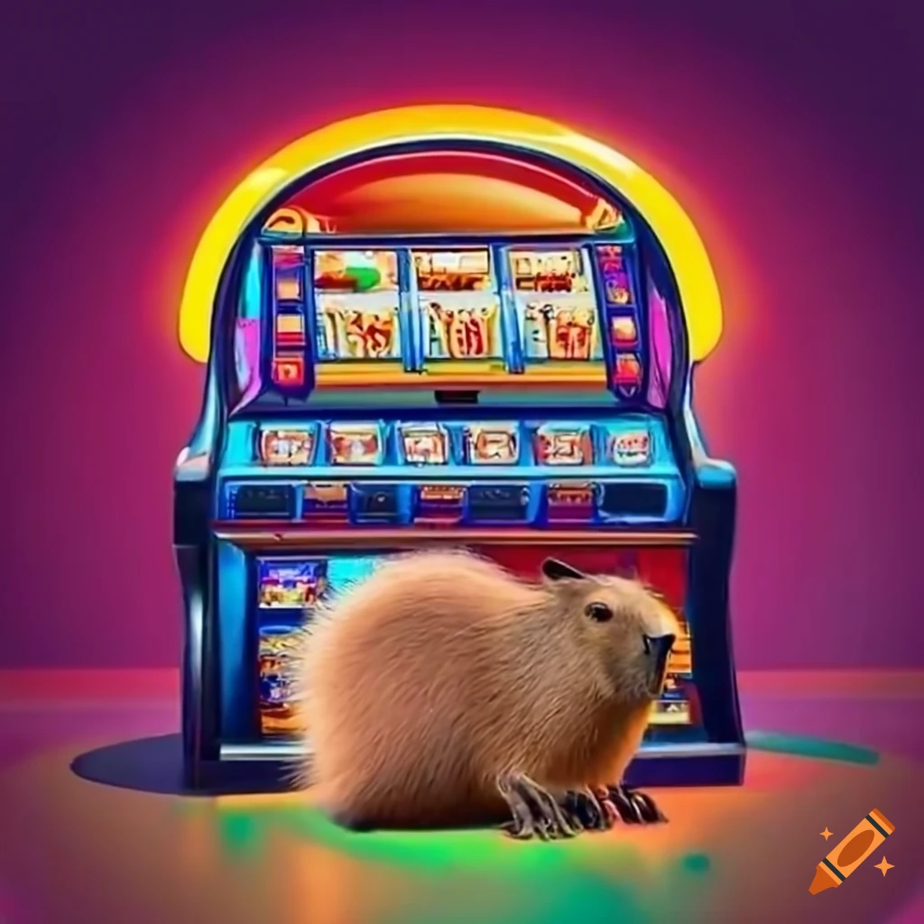 Capybaras playing slot machines at a colorful casino on Craiyon