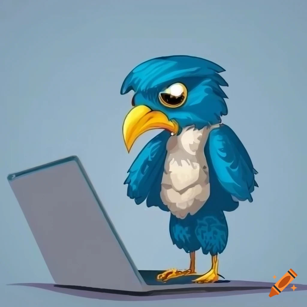 Cartoon hawk typing on a laptop computer on Craiyon