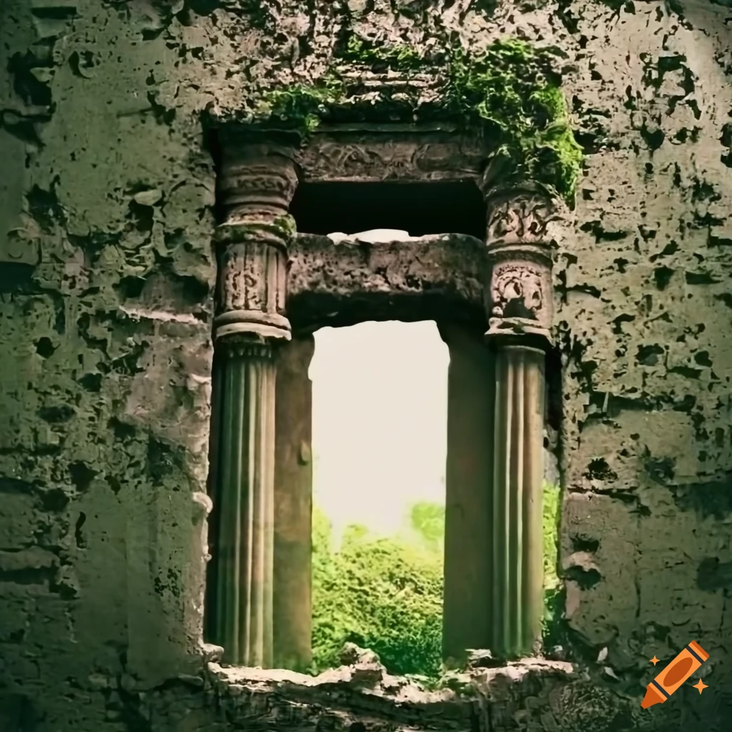 Hebrew two column tablet inside overgrown ruins on Craiyon