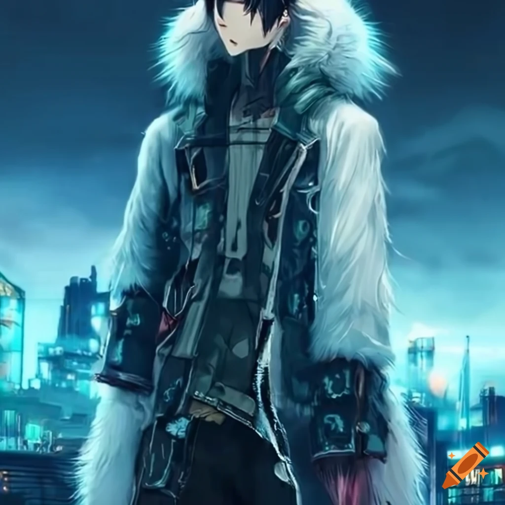 Deep sea cyberpunk long coat with white fur trim on Craiyon