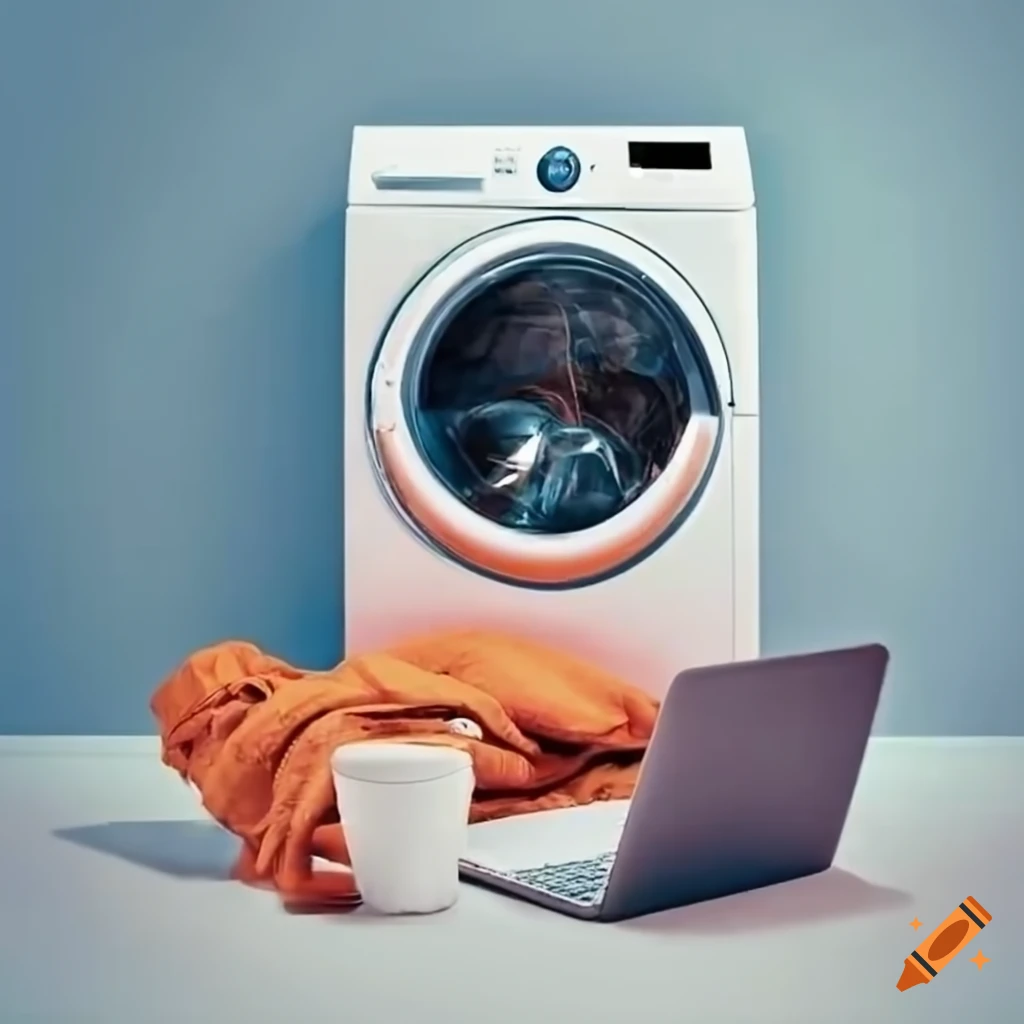 Cozy laundry room with washing machine and open laptop on Craiyon