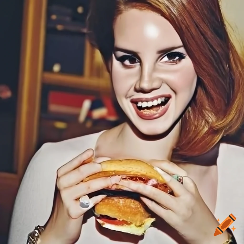 Lana del rey enjoying fast food with a smile on Craiyon