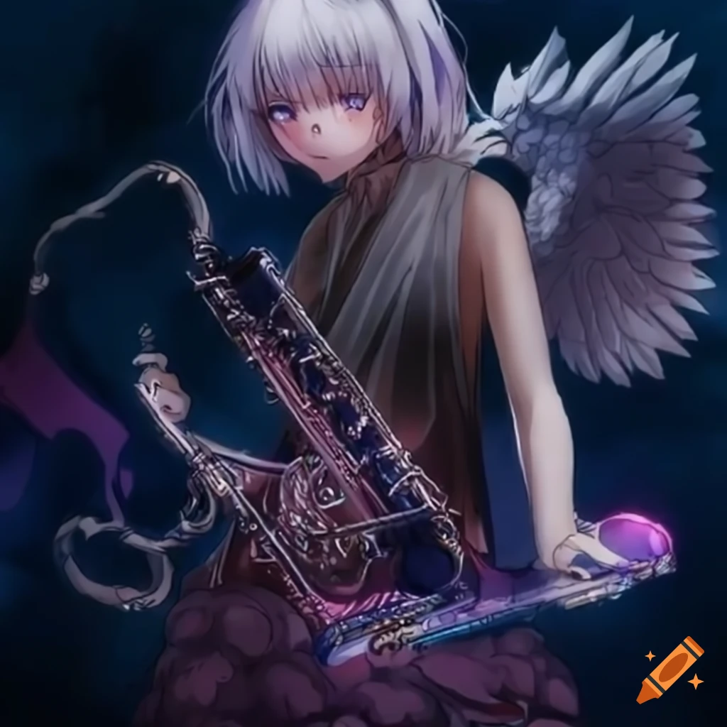 Anime girl musician master playing a saxophone in a dreamy setting on ...