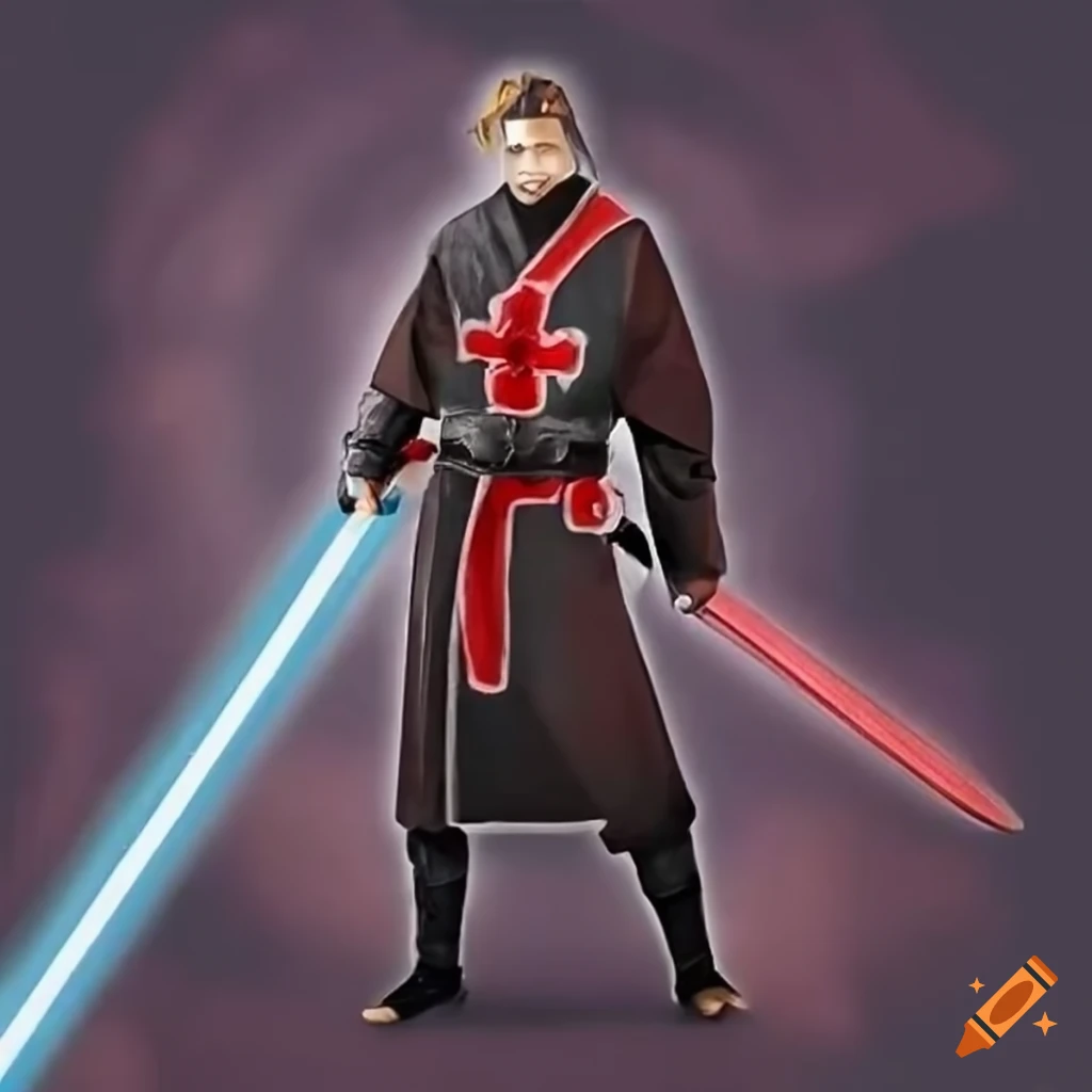 Itachi anbu fusion obi wan kenobi in templar knight armor with sword on Craiyon