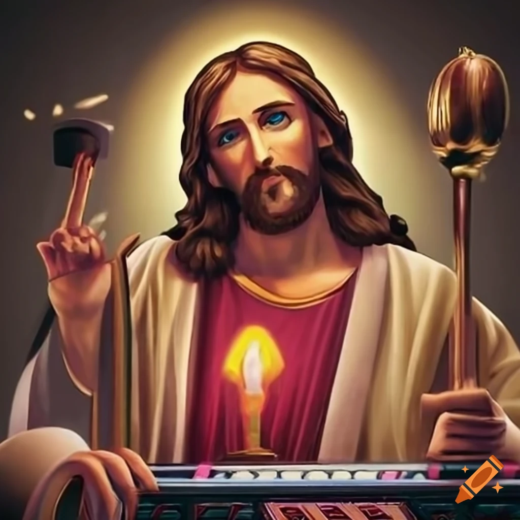 Religious satire with jesus at a slot machine on Craiyon