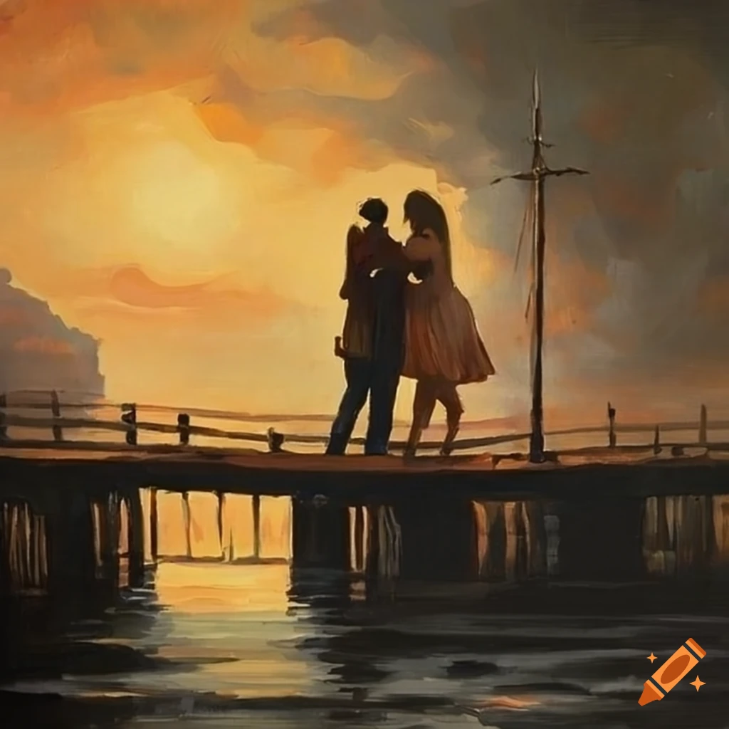 Romantic painting of a couple boarding a ship on a wooden bridge on Craiyon