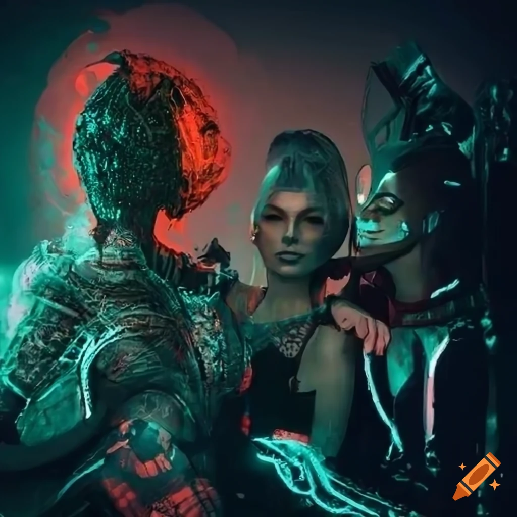 Digital illustration of a biopunk family in a futuristic biopunk ...