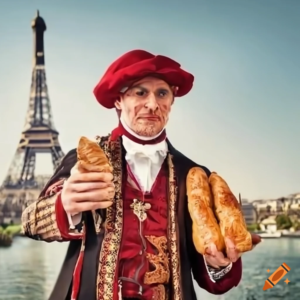 Charming Frenchman with wine, baguette, and croissant in Paris on Craiyon