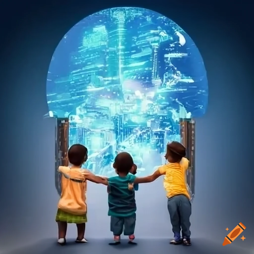 Diverse group of children in a futuristic cityscape with advanced ...