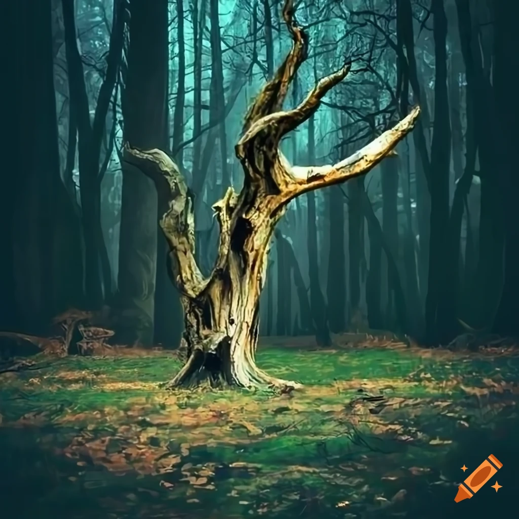 Desolate dead tree in the forest on Craiyon