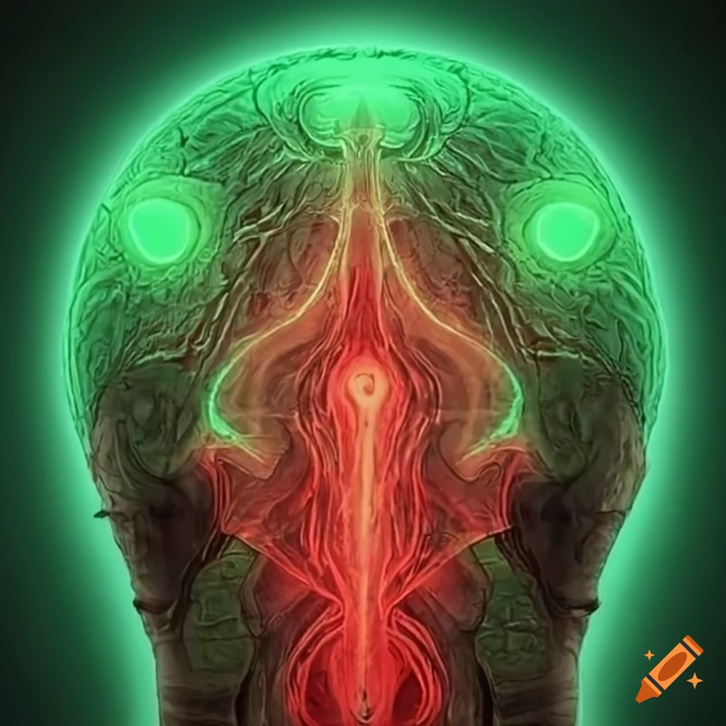 Eldritch glowing green and light red stripes of lights tattoo on Craiyon