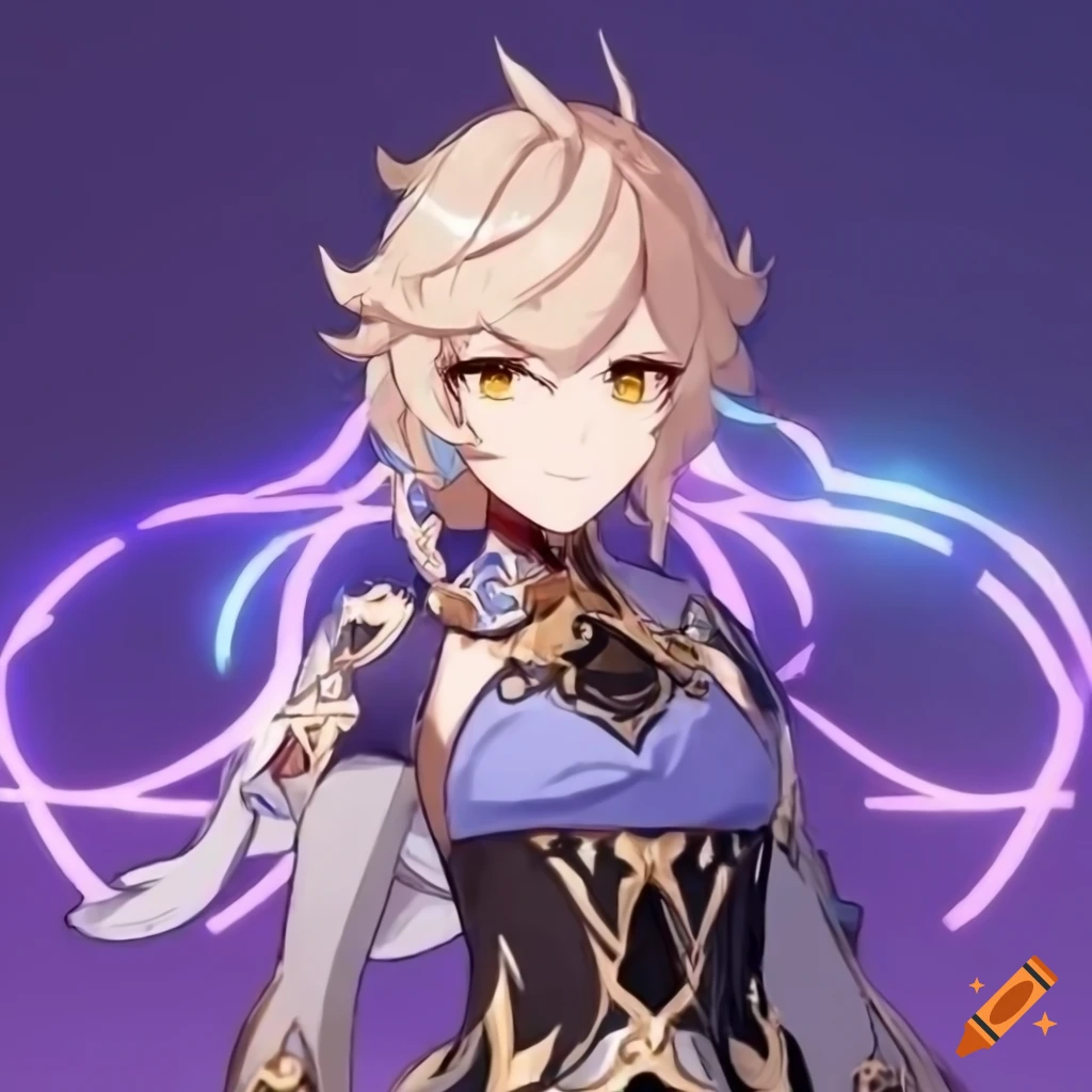 Fullbody reference sheet for an electro genshin impact character on Craiyon