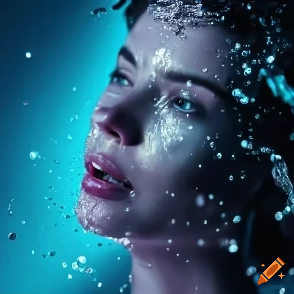 Woman's face getting splashed with water in a refreshing moment on Craiyon