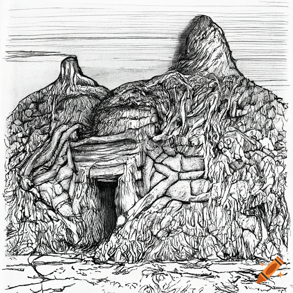 Pen and ink drawing of a barrow mound entrance in black and white on ...