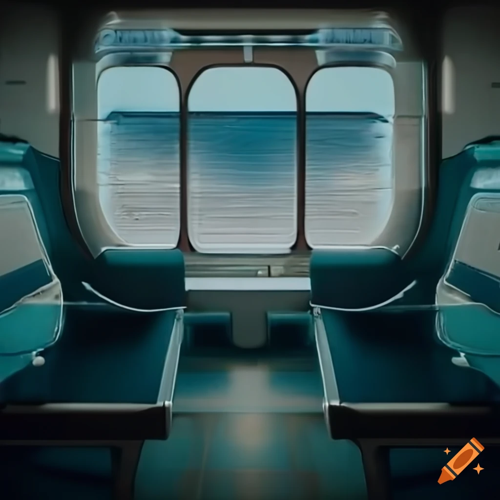 Symmetrical shot of futuristic bullet train seats facing each other ...