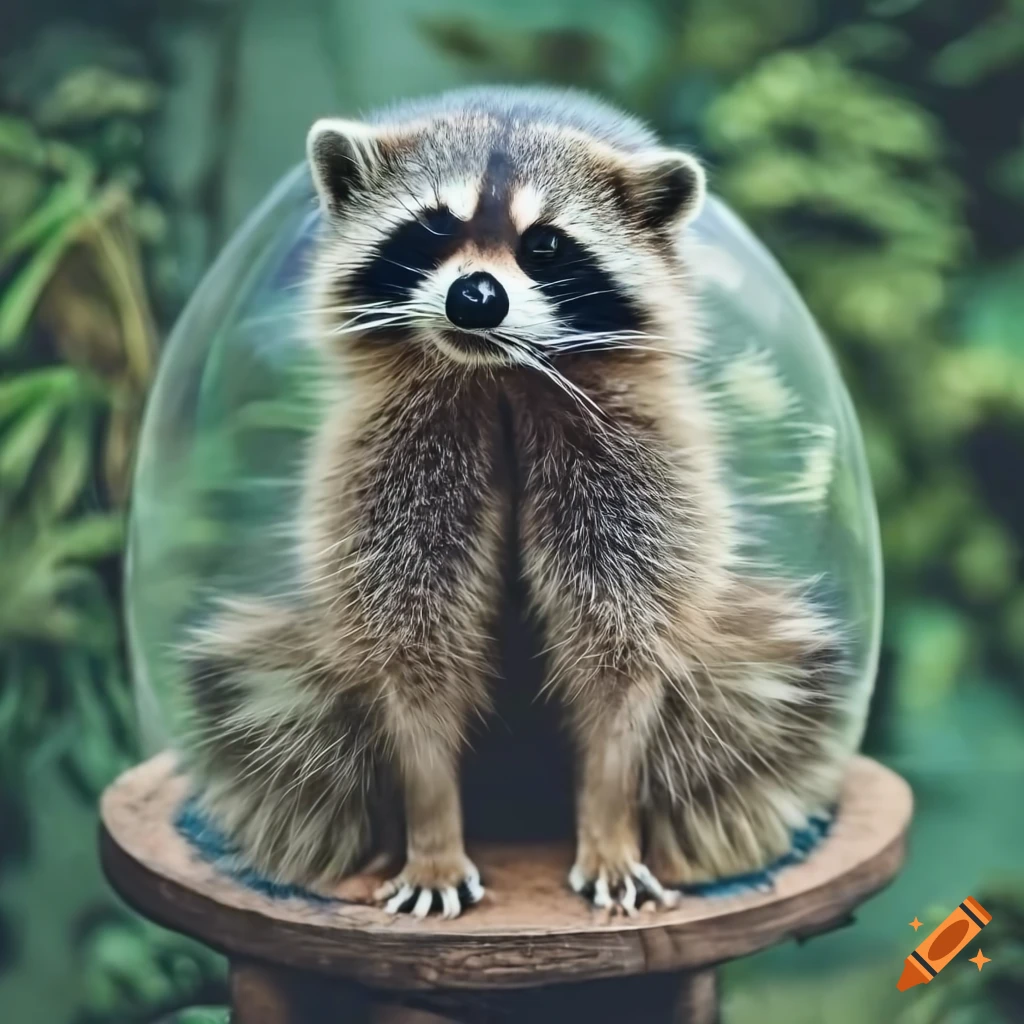 Cute furry raccoon in a clear dome surrounded by greenery on Craiyon