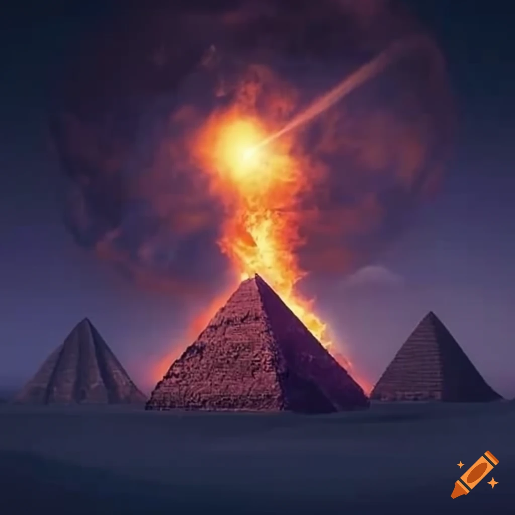 Egyptian pyramids exploding with meteors in the nighttime on Craiyon