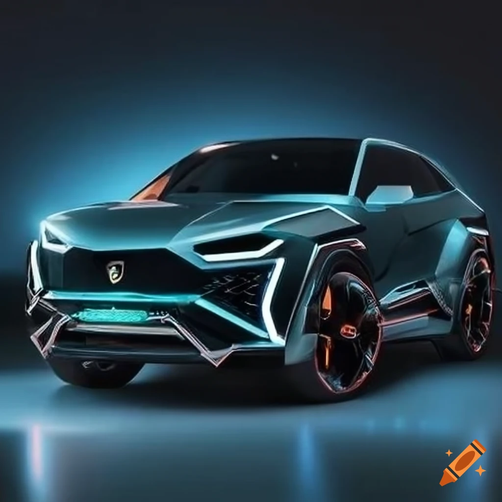 Futuristic hybrid SUV with Lamborghini front end and holographic ...