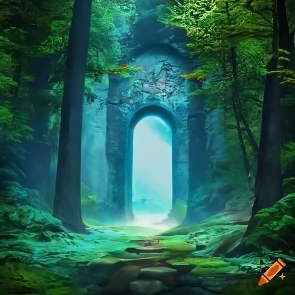 Prismatic stunning lighting in a forested island with an ancient stone ...