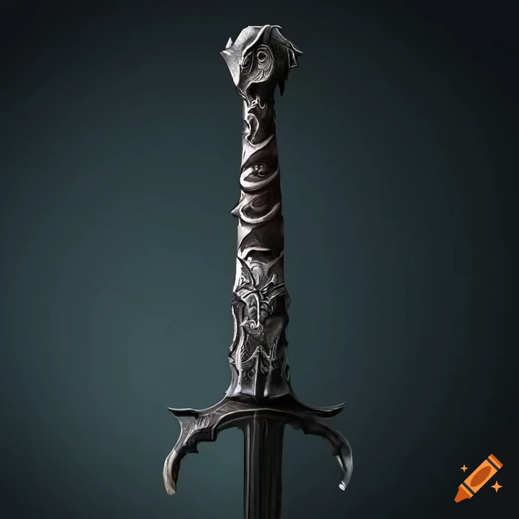 Dark sleek-bladed longsword with raven ornaments on the handle on Craiyon