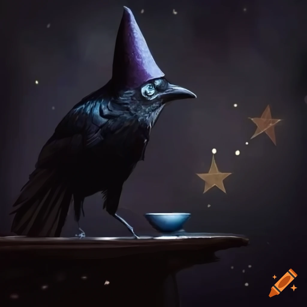 Crow in a wizard hat enjoying coffee in a medieval city on Craiyon