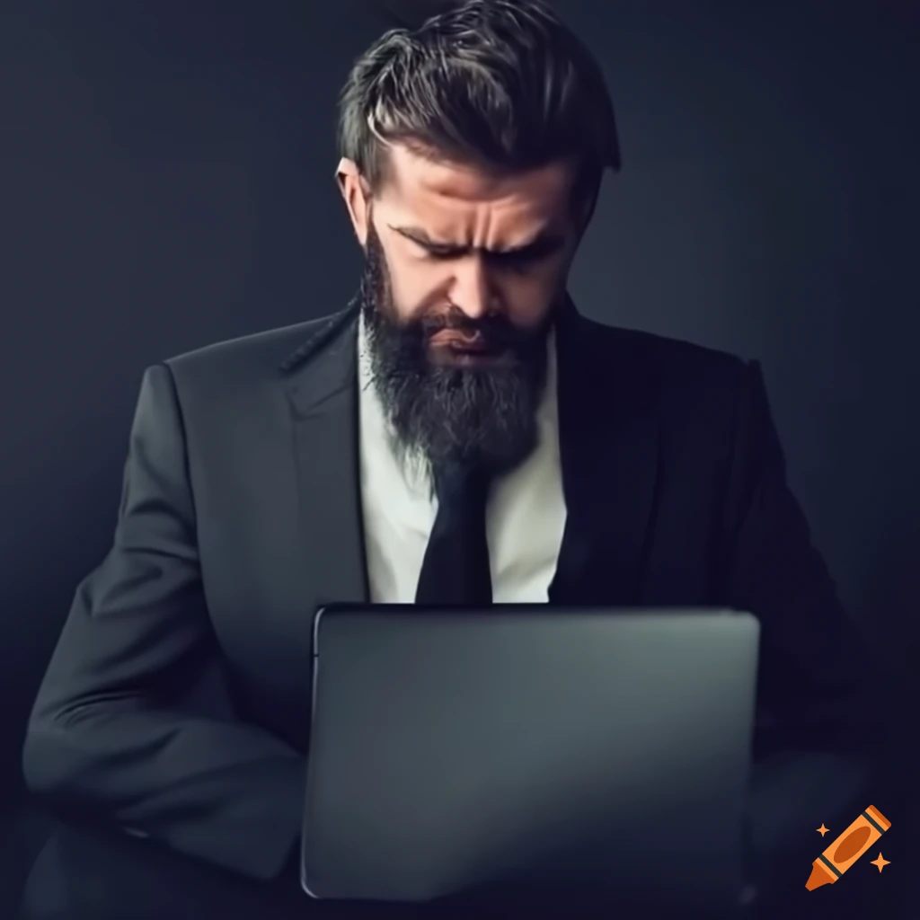 Stressed man in a black suit using laptop for college help in ball room ...