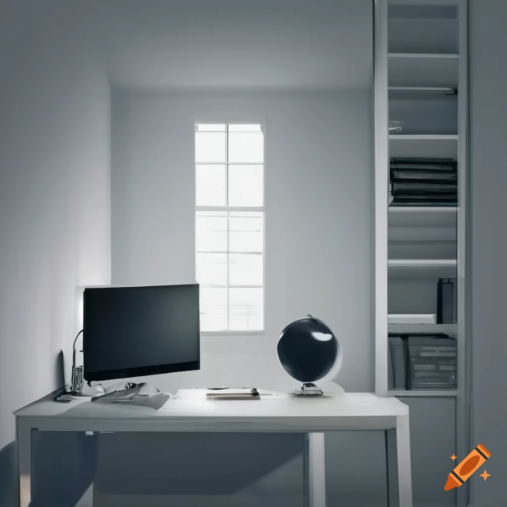 Minimalist room with computer setup, wardrobe, and window on Craiyon