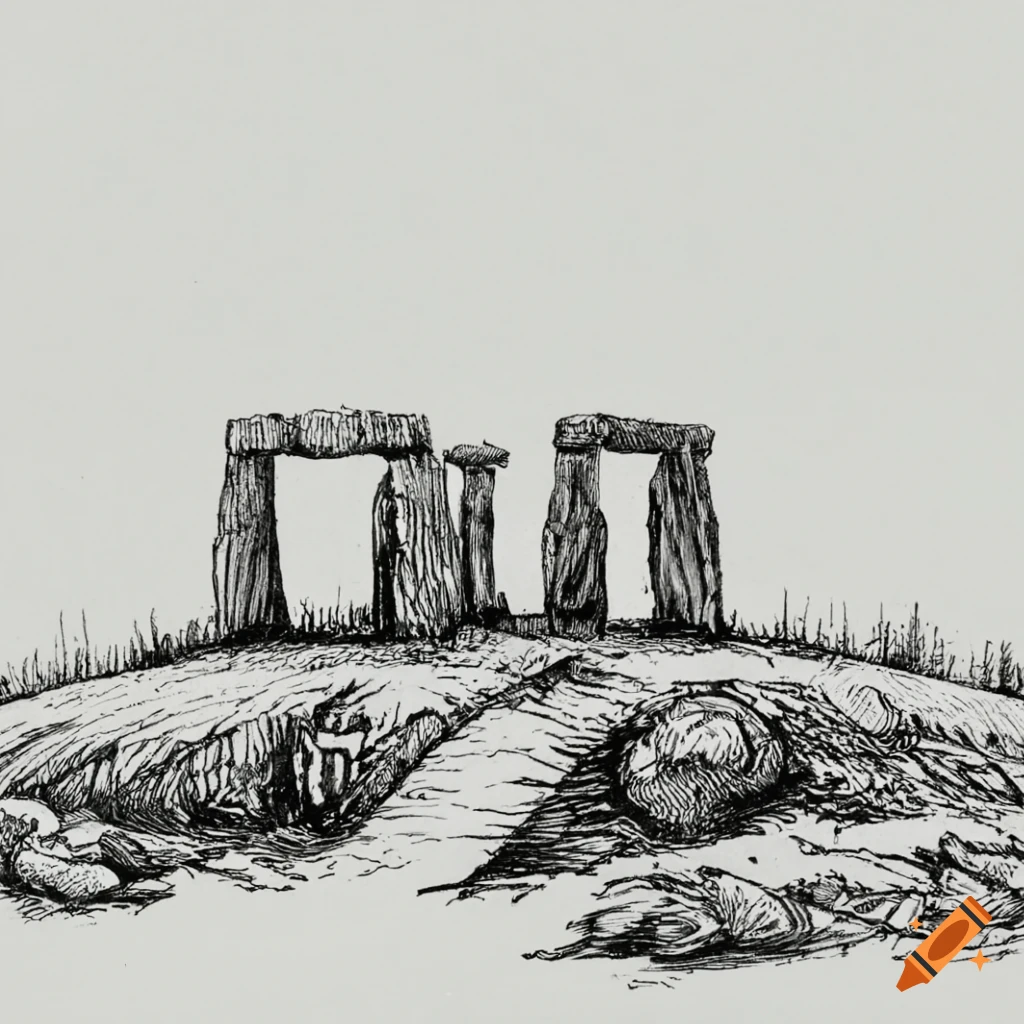 Pen and ink drawing of round earth barrow mound with stone henge ...