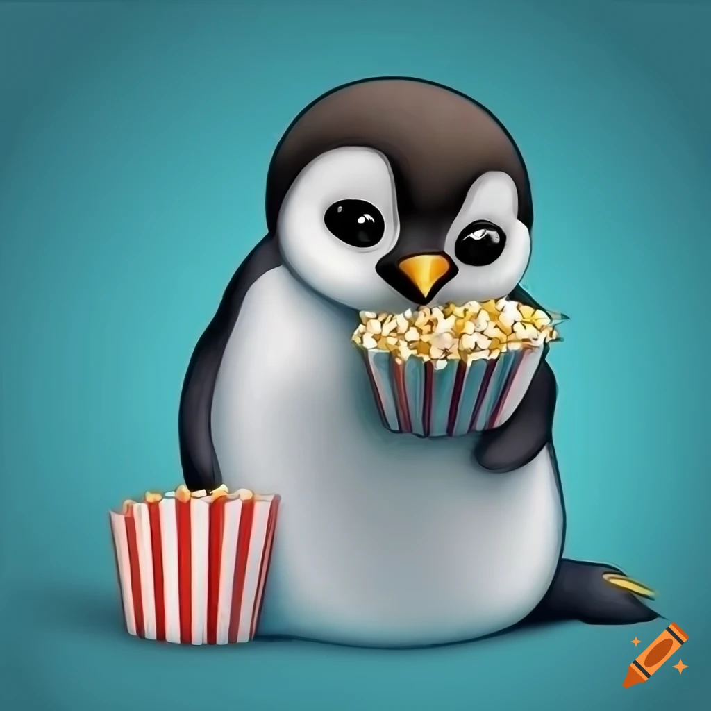 Adorable baby penguin saying popcorn in digital art on Craiyon
