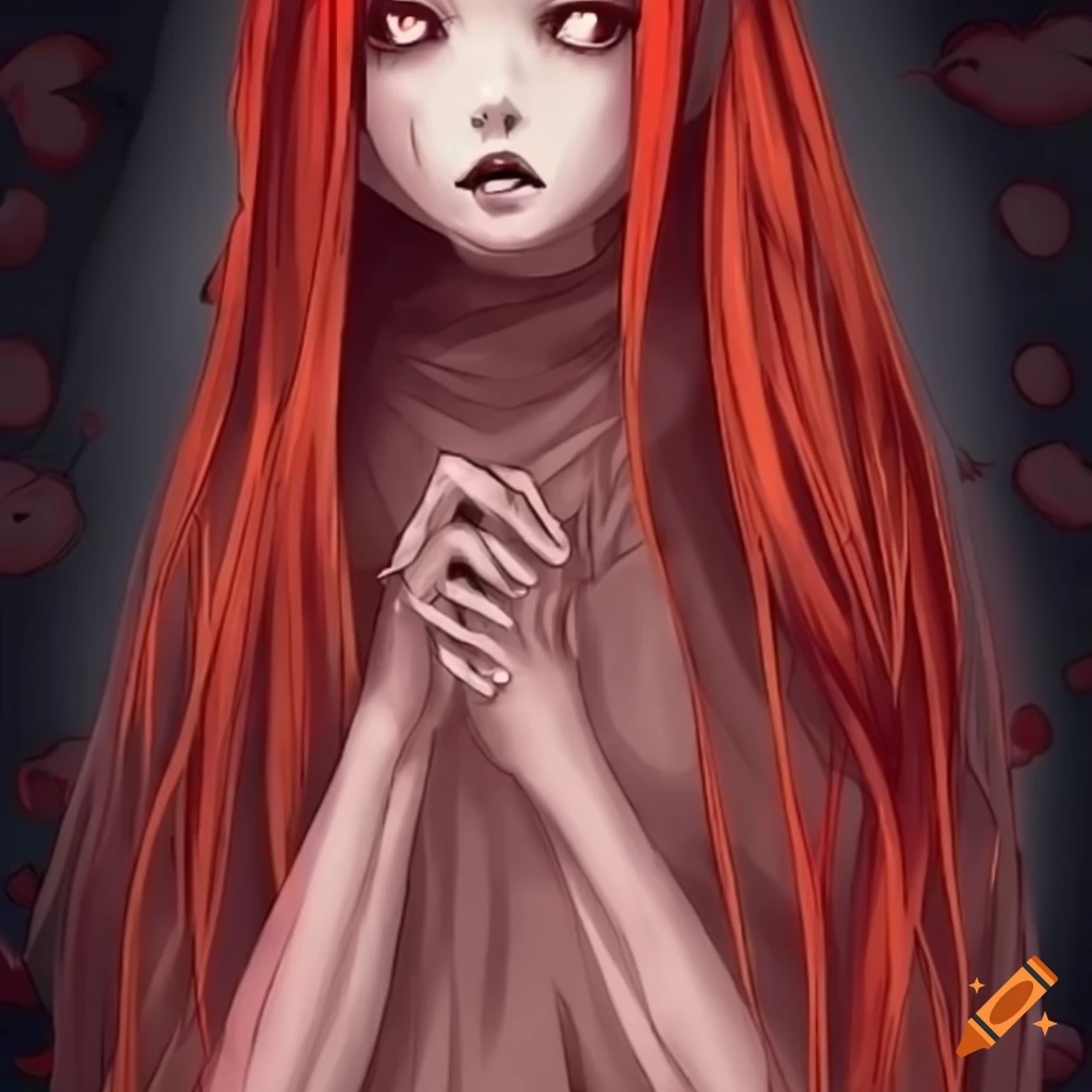 Creepy red-haired anime girl with the text 'cursed heaven' in the ...