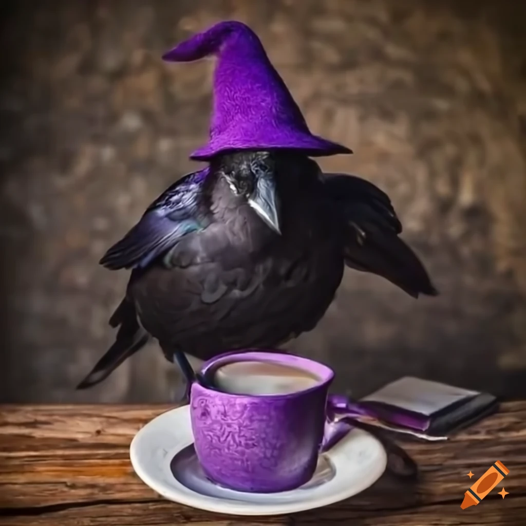 Crow with a wizard hat enjoying coffee in a medieval city on Craiyon