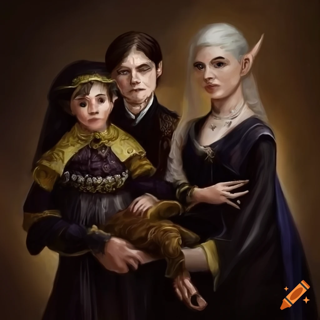 Family portrait of human mayor, elven wife, and baby on Craiyon