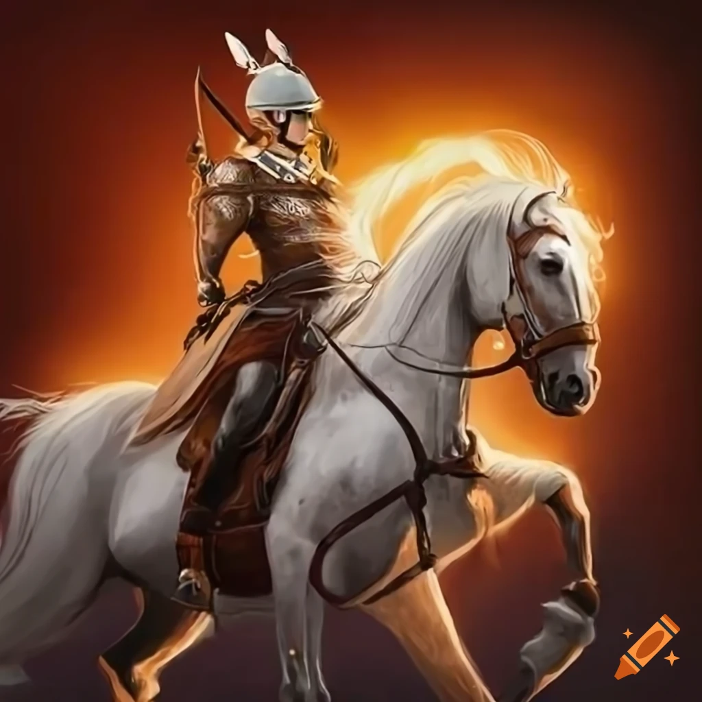 White horse and its rider with a bow, wearing a crown on Craiyon