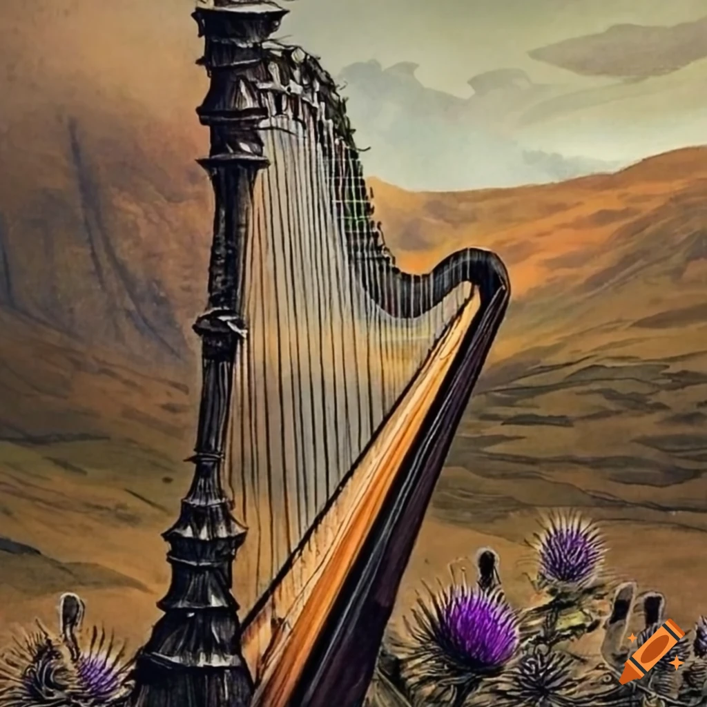 Pen and ink drawing of a harp in the scottish highlands with thistle on ...