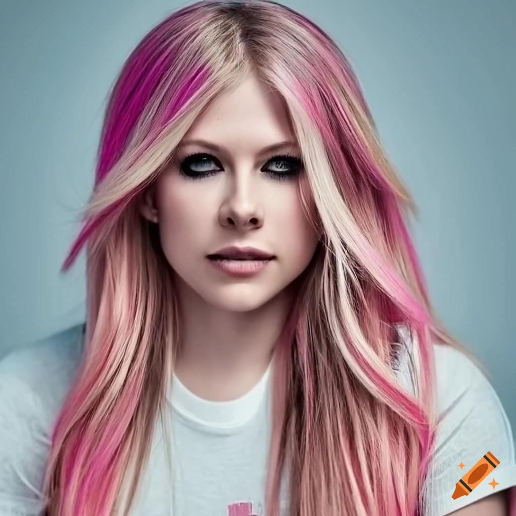 Avril Lavigne with long wavy pink hair and white t-shirt in ...