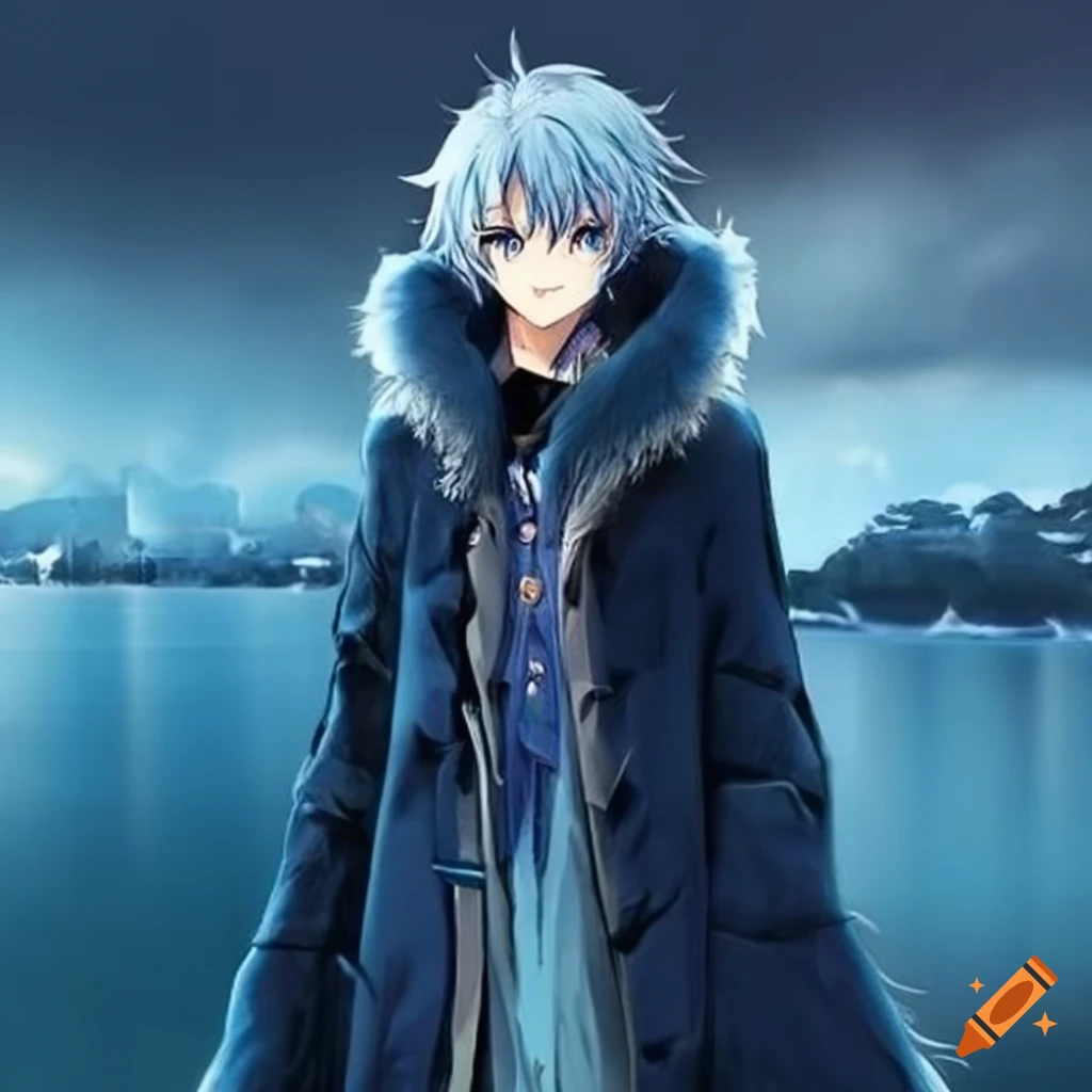 Anime style masculine deep sea long coat with fur trim on Craiyon