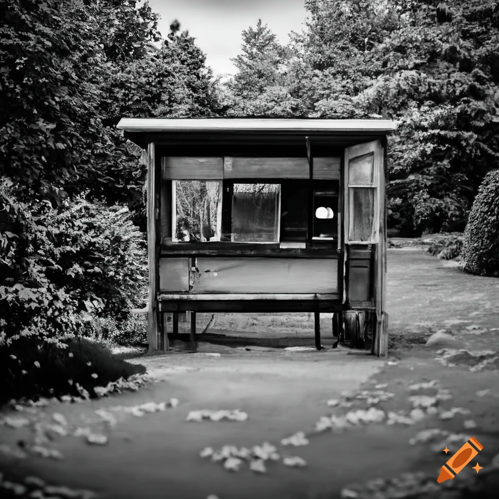 Vintage bus stop in a serene garden in black and white on Craiyon