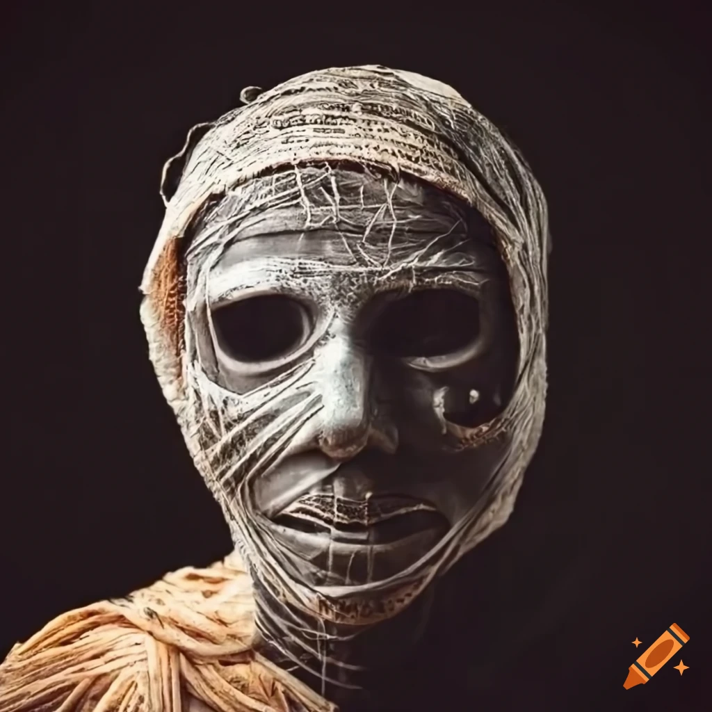 Bandaged mummy with silver mask standing in the desert on Craiyon