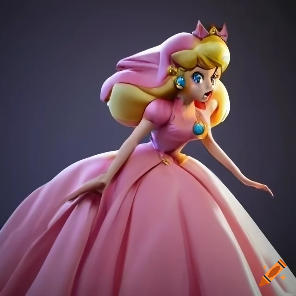 Close-up of Link in princess Peach's pink ballgown against a dark ...