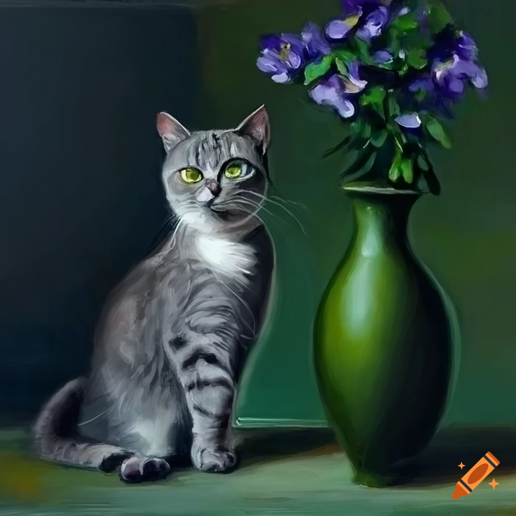 Gray cat next to green vase with purple violets in an oil painting on ...