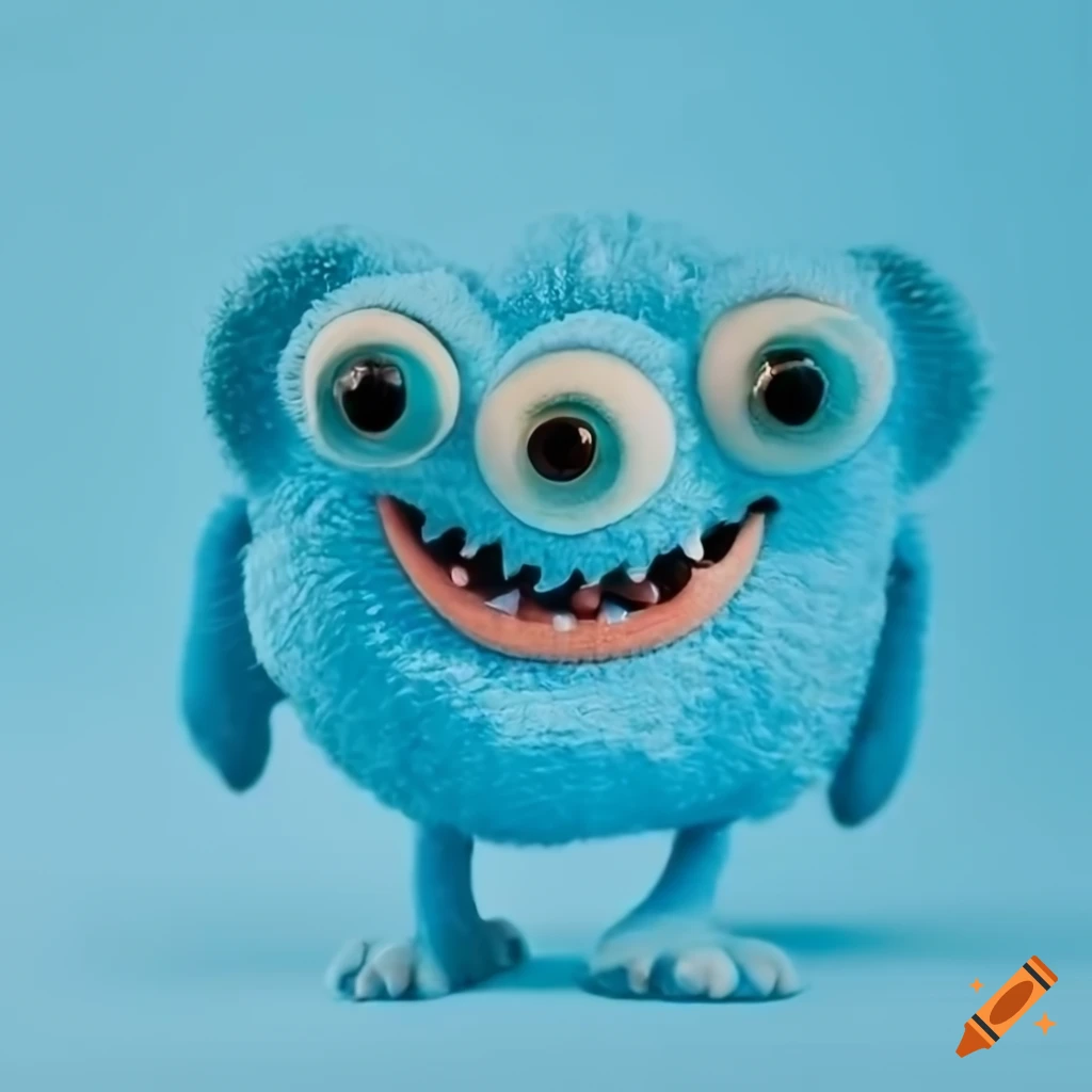 Smiling cute blue monster on pastel blue background on Craiyon