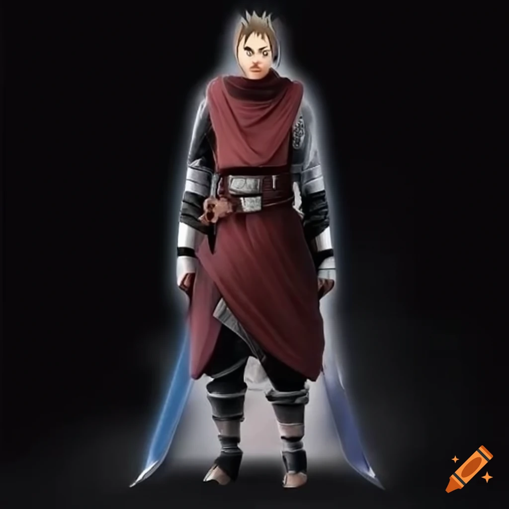 Crossover cosplay of Itachi Anbu and Obi Wan Kenobi in Templar knight armor with a sword on Craiyon