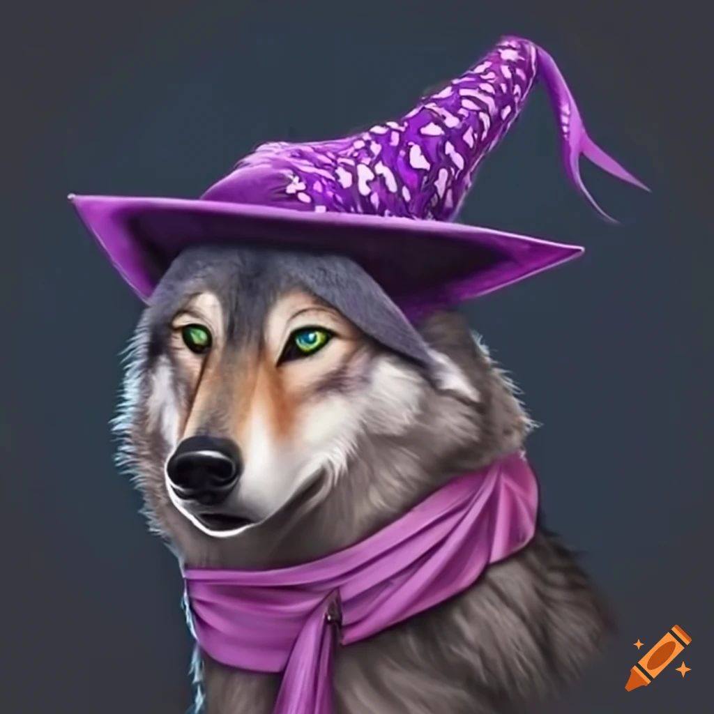 Wolf wearing witch's hat and purple scarf with broom on Craiyon