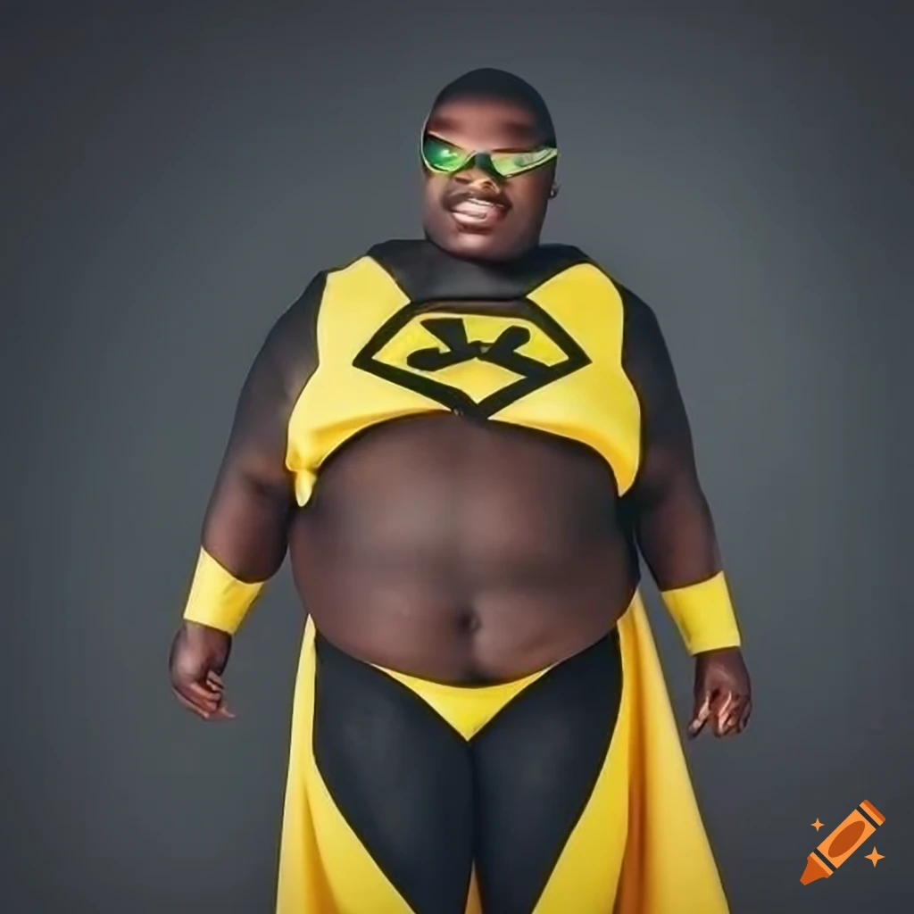African superhero in black and yellow suit with futuristic glasses on ...
