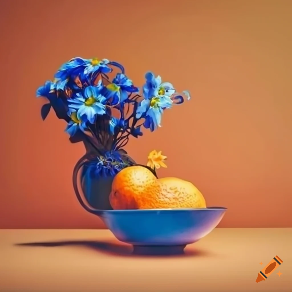 Fresh and vibrant orange still life with blue bowl and flowers on warm ...