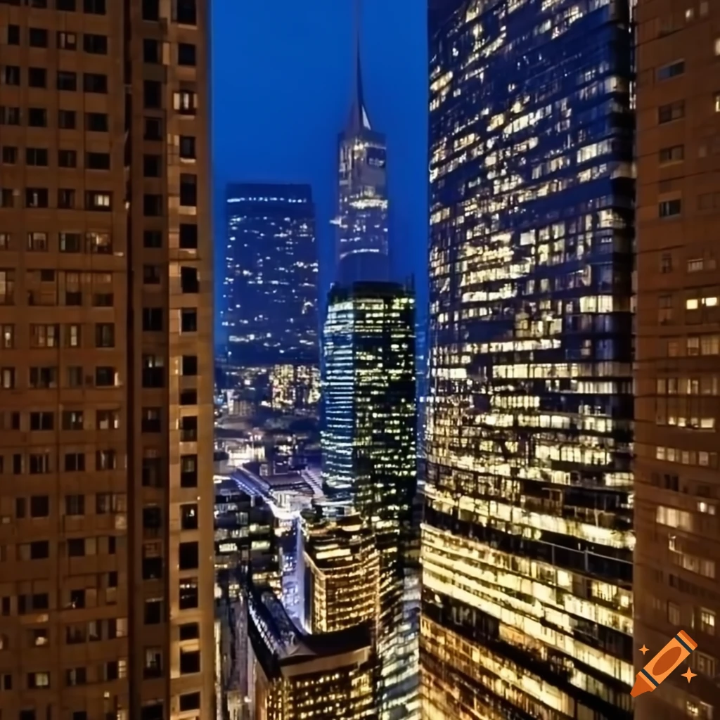 City skyline at night viewed from an office window on Craiyon