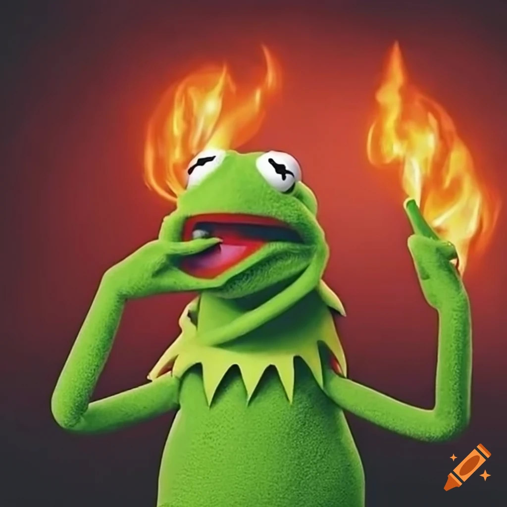 Kermit the frog playing a double neck guitar with flaming fingers on ...